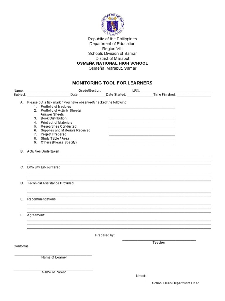 Monitoring Tool To Be Used by Teachers To Learners | PDF | Teaching And ...