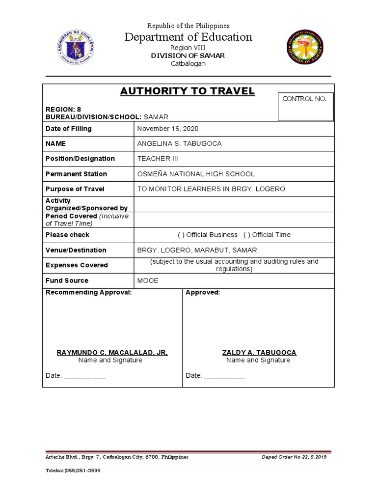Department of Education: Authority To Travel | PDF | Government ...