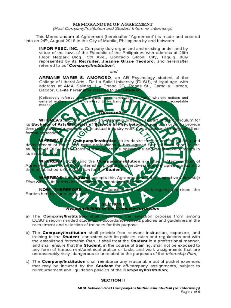 Memorandum of Agreement: (Host Company/Institution and Student Intern ...