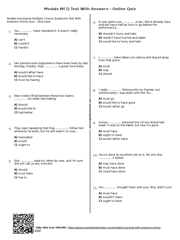550 Modals MCQ Test With Answers Online Quiz | PDF | Multiple Choice