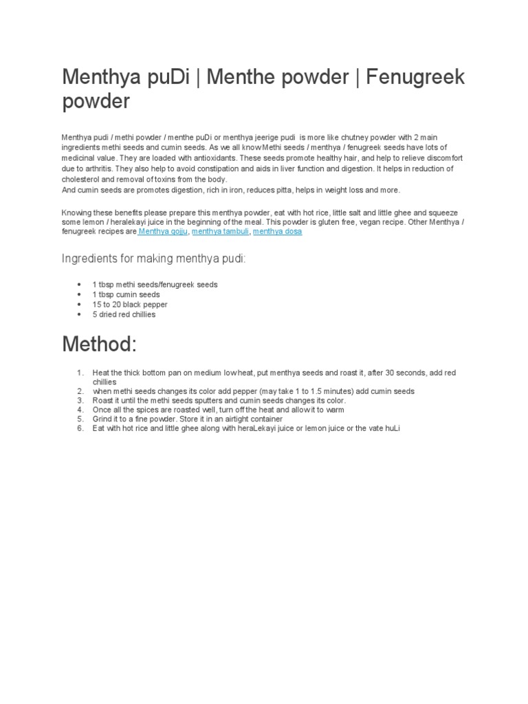 Menthya PuDi Menthe Powder Fenugreek Powder | PDF