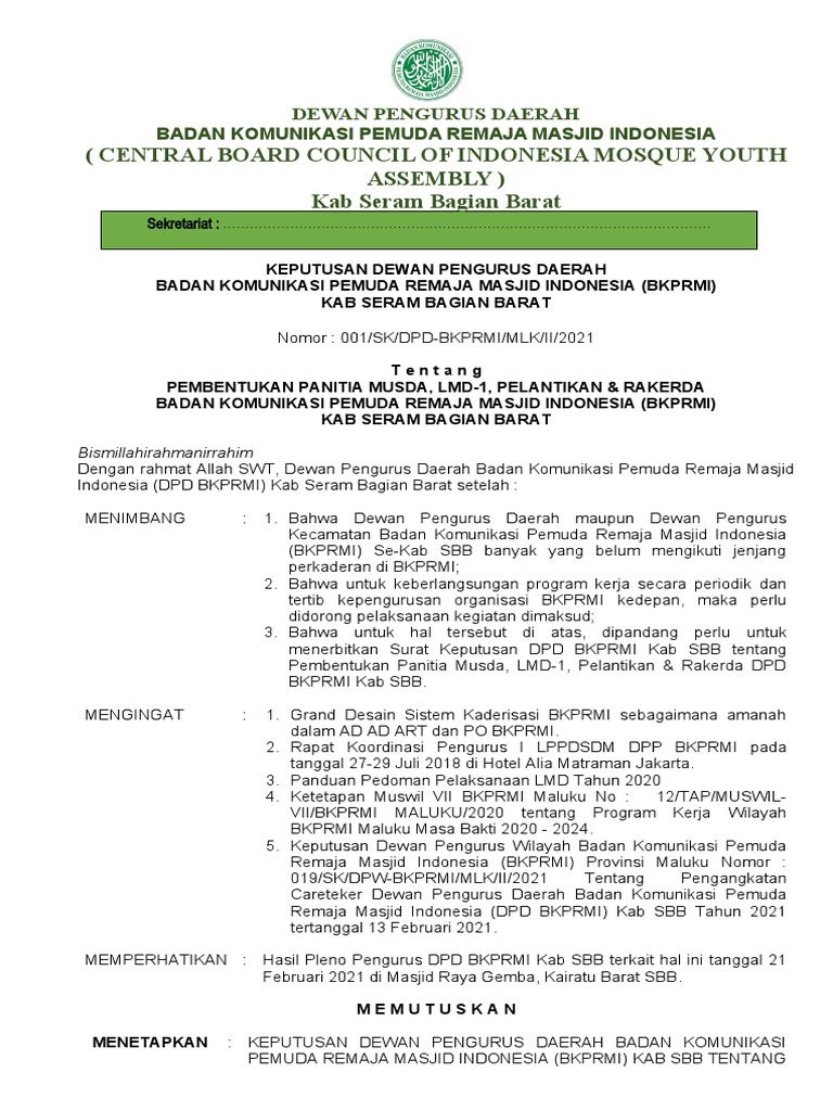 Contoh SK Panpel Musda, LMD, Pelantikan & Rakerda | PDF