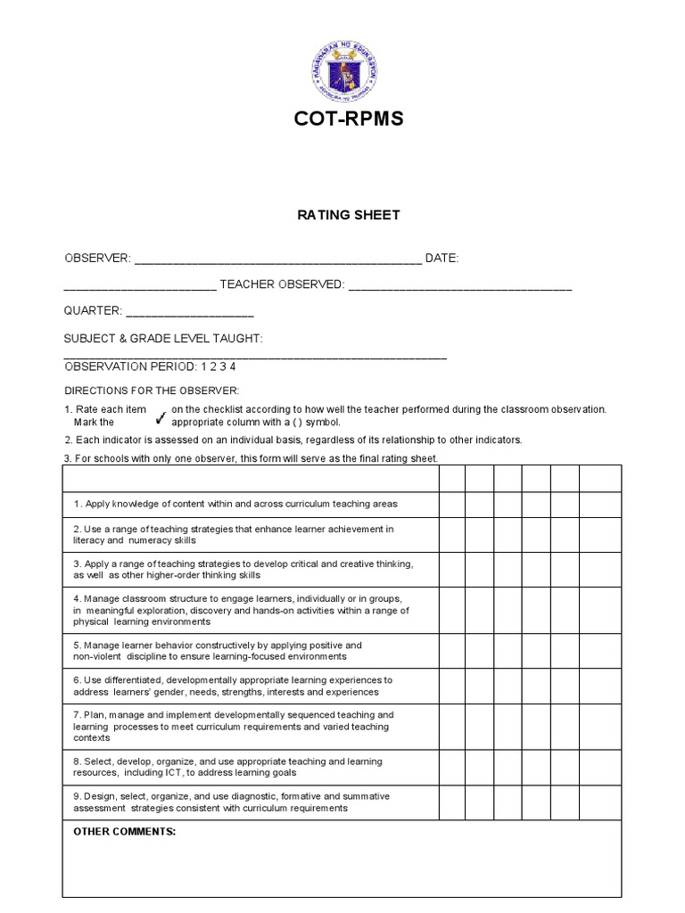 COT T1 3 - RatingSheet | PDF | Curriculum | Human Nature