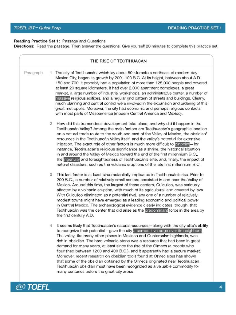 TOEFL IBT Reading Exercise Teotihuacan | PDF