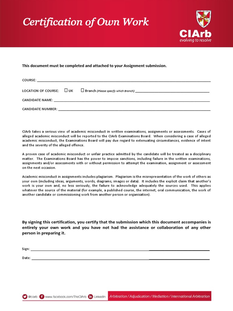 Certification of Own Work | PDF