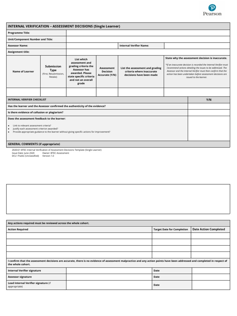 Internal Verification - Assessment Decisions (Single Learner) | PDF ...