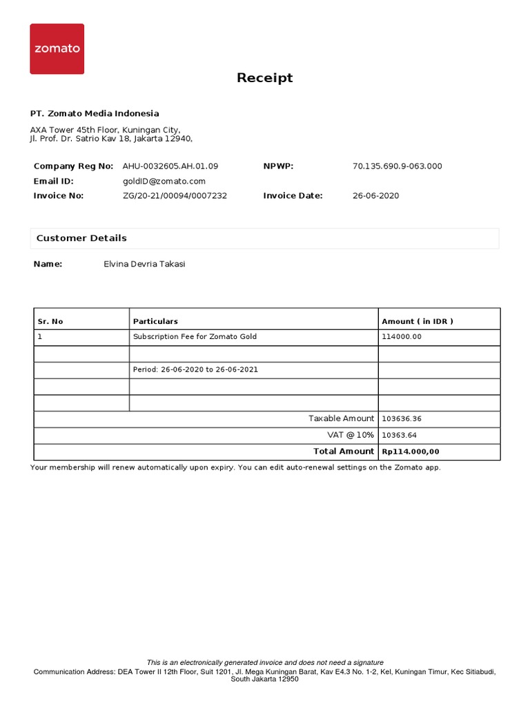Zomato Gold Subscription Receipt | PDF