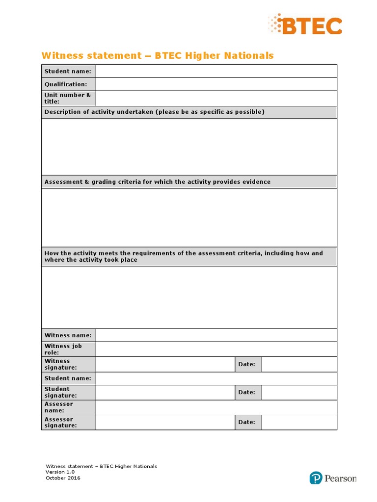 Witness statement template for BTEC Higher Nationals | PDF
