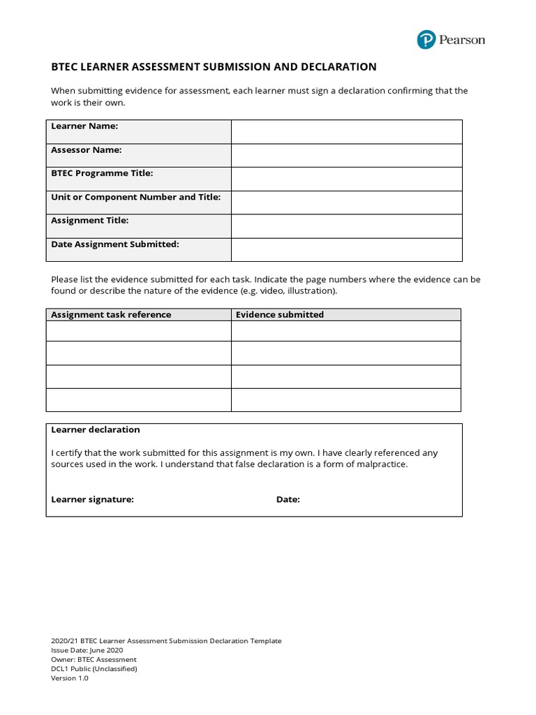 Btec Learner Assessment Submission and Declaration | PDF