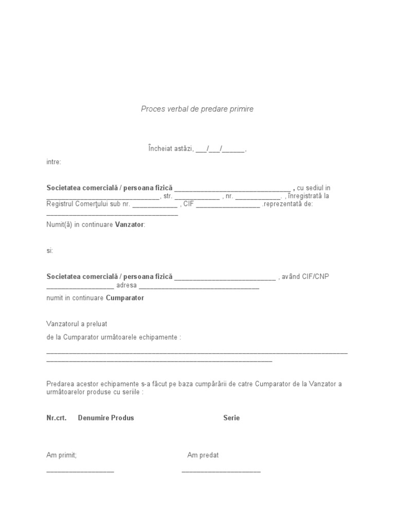 Proces Verbal de Predare Primire | PDF