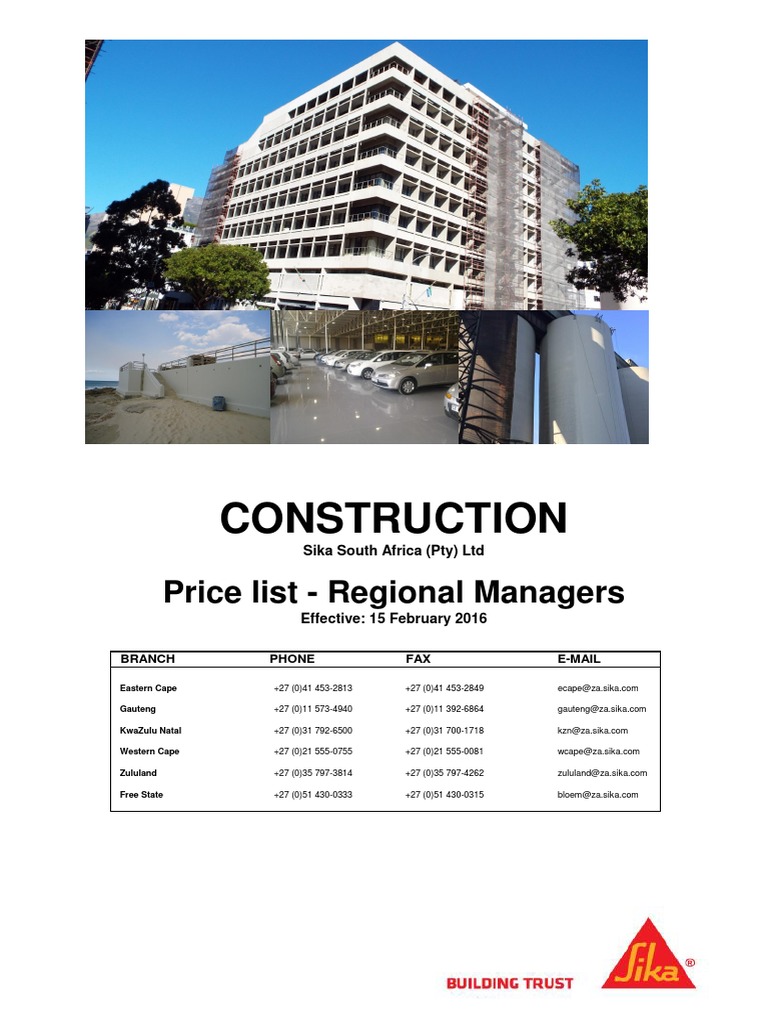 Construction: Price List - Regional Managers | PDF | Guarantee | Concrete