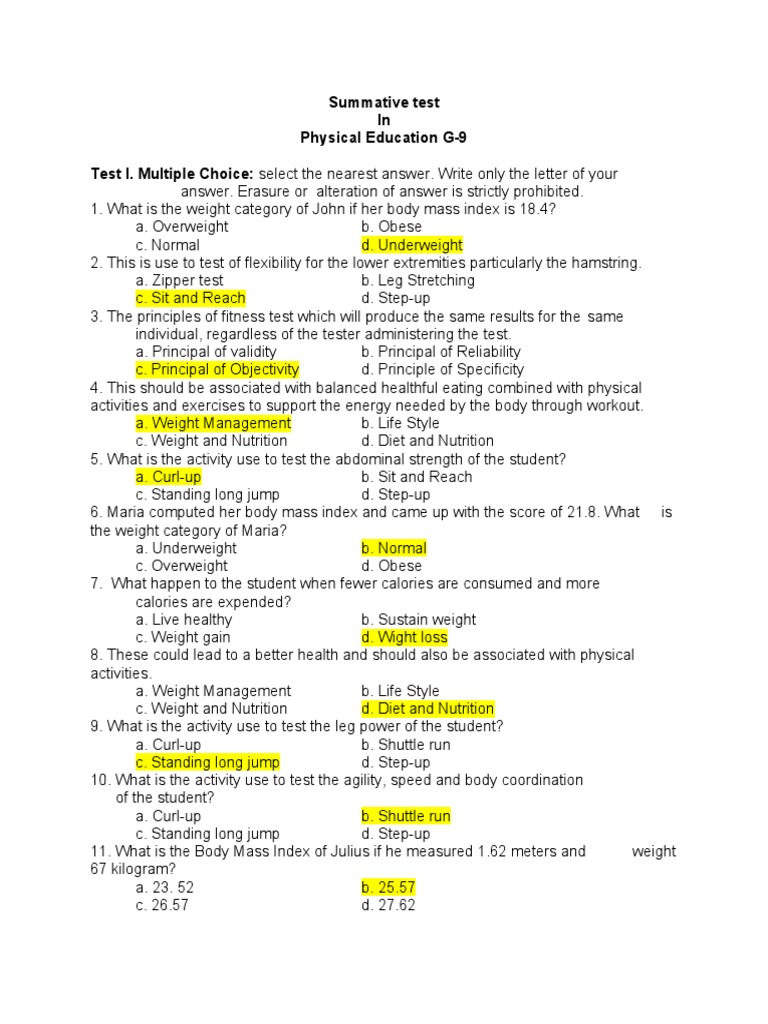 Summative Test in Physical Education G-9 Test L. Multiple Choice ...
