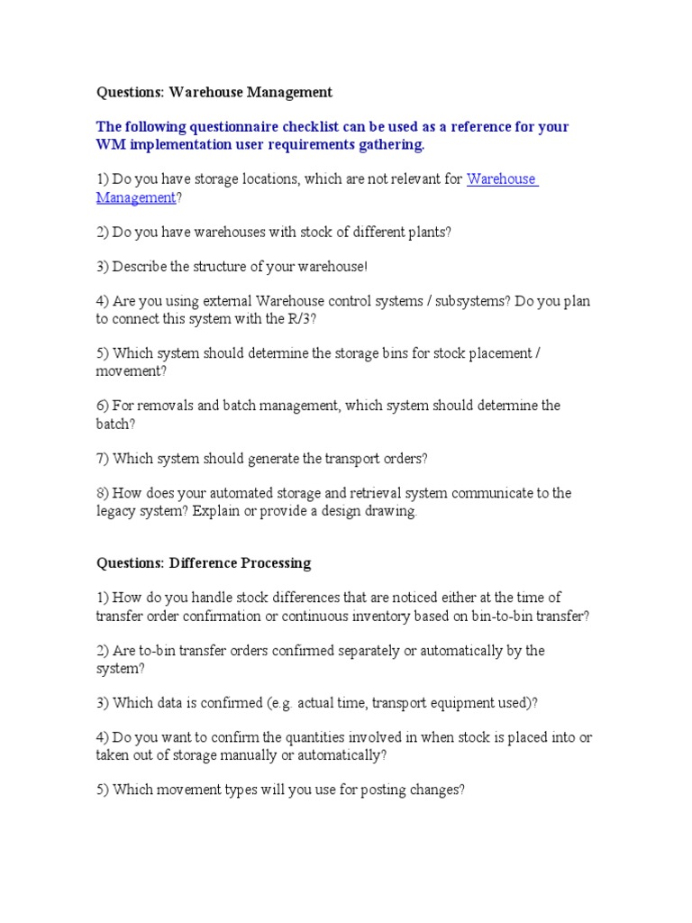 WM User Requirements Gathering Questionnaire | PDF | Warehouse | Receipt