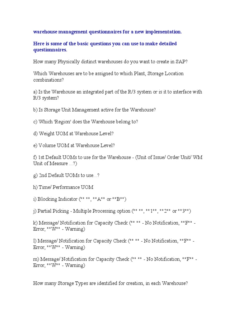 Warehouse Management Questionnaire Guide | PDF | Inventory | Warehouse