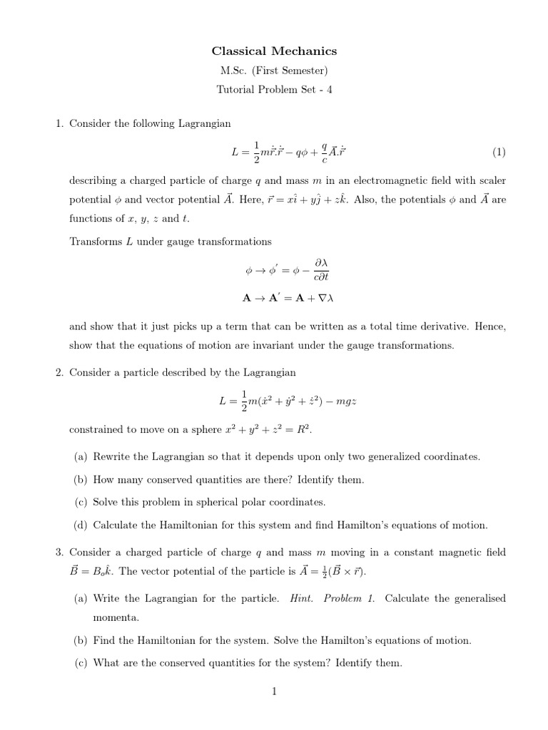 Tute 4 | PDF | Hamiltonian Mechanics | Lagrangian Mechanics