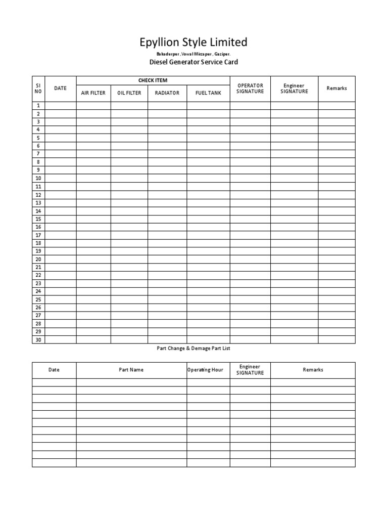 Diesel Generator Service Log Template | PDF