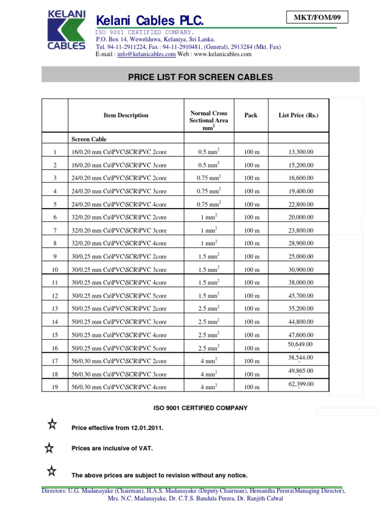 Kelani Cables PLC.: Price List For Screen Cables | Download Free PDF ...