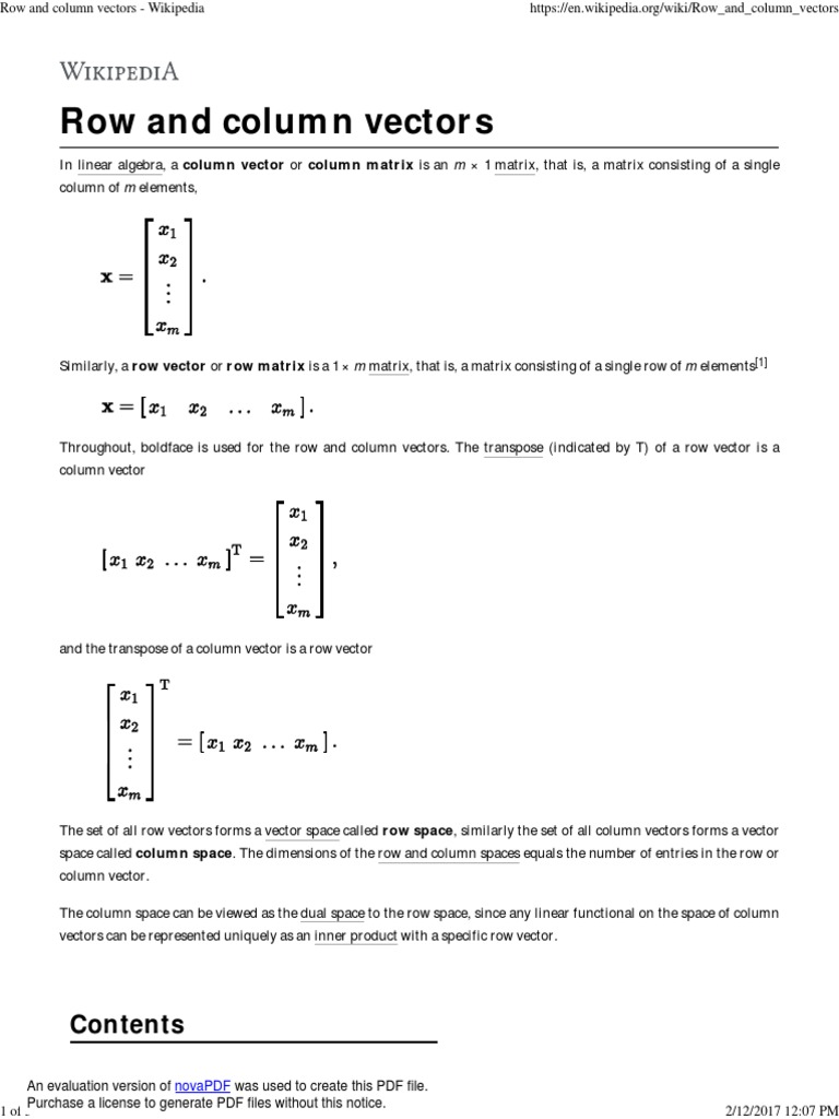 Row And Column Vectors - Wikipedia | Pdf | Matrix (mathematics 