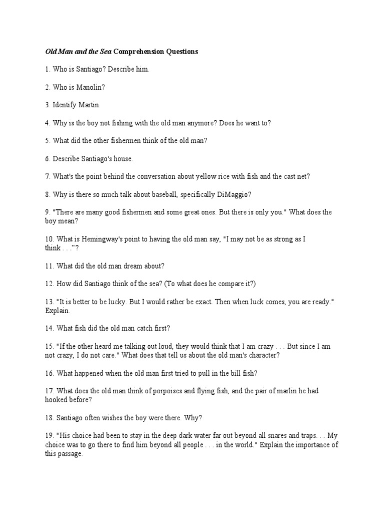 Old Man and the Sea: Comprehension Questions | PDF | Mystery, Thriller ...