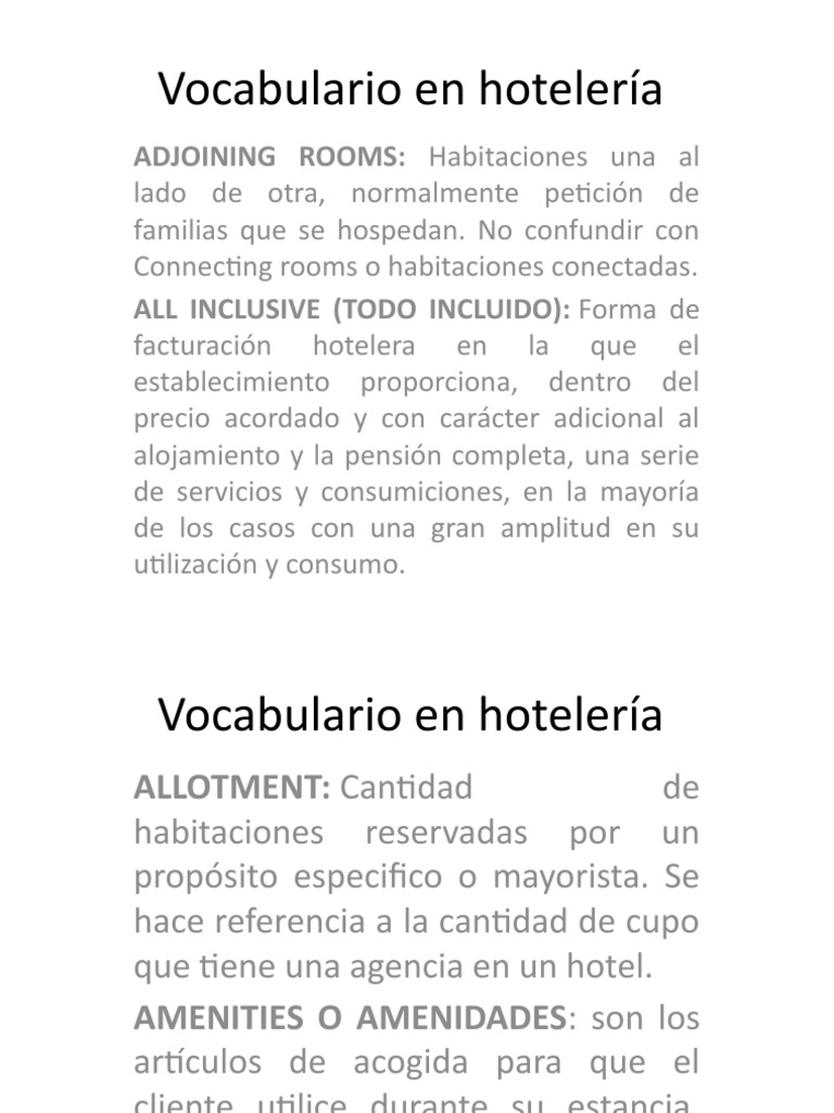 Vocabulario Hotelero | PDF | Hotel | Industrias de servicio
