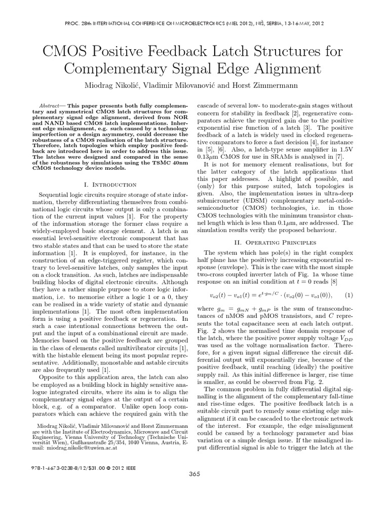 CMOS Positive Feedback Latch Structures For Complementary Signal Edge ...
