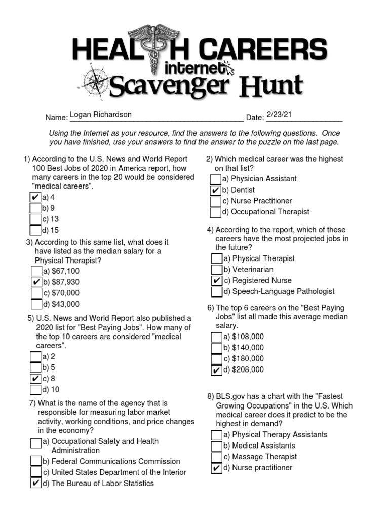 Medical Careers Scavenger Hunt Guide | PDF | Occupational Therapy ...
