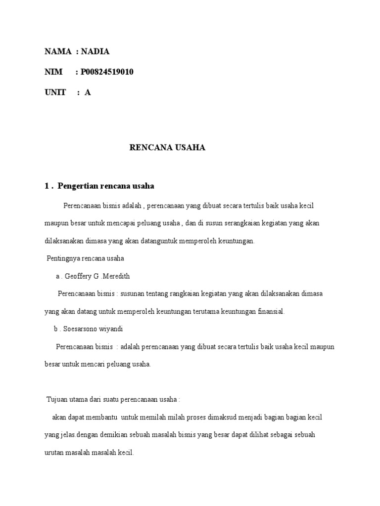 Makalah Rencana Usaha (NADIA) 2 | PDF | Karier & Perkembangan | Pengelolaan Keuangan & Uang