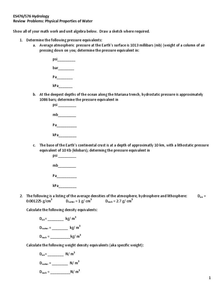 ES476/576 Hydrology Review Problems: Physical Properties of Water | PDF ...