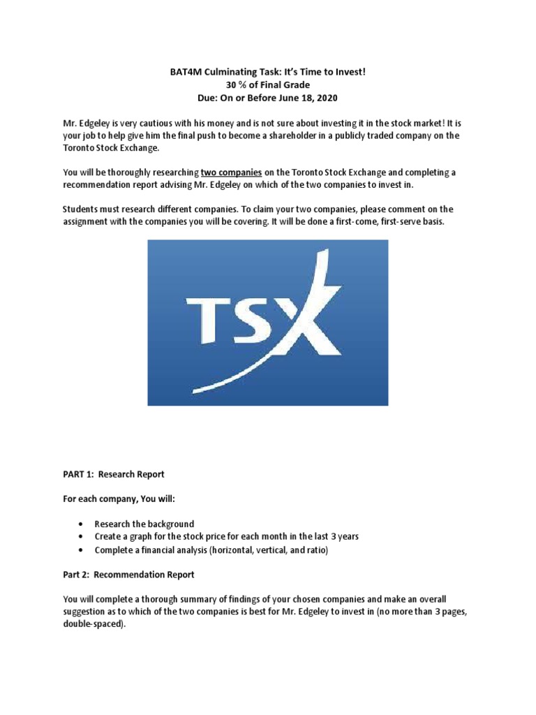 BAT4M Culminating Task: It's Time To Invest! 30 % of Final Grade Due ...