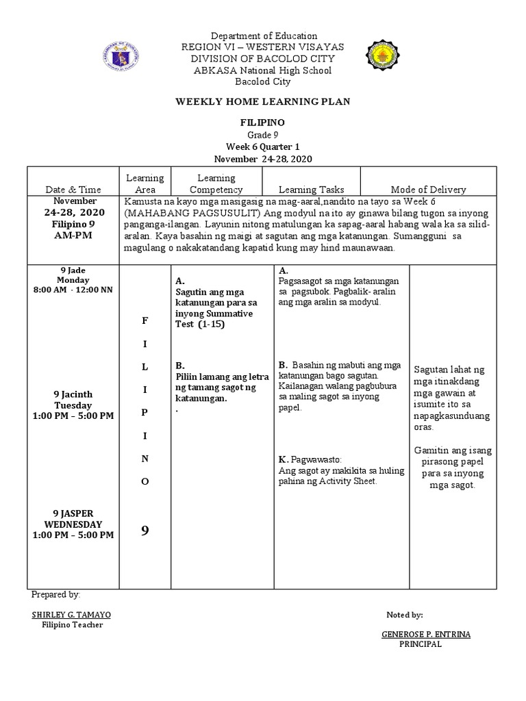 Week 6 Quarter 1 Filipino | PDF