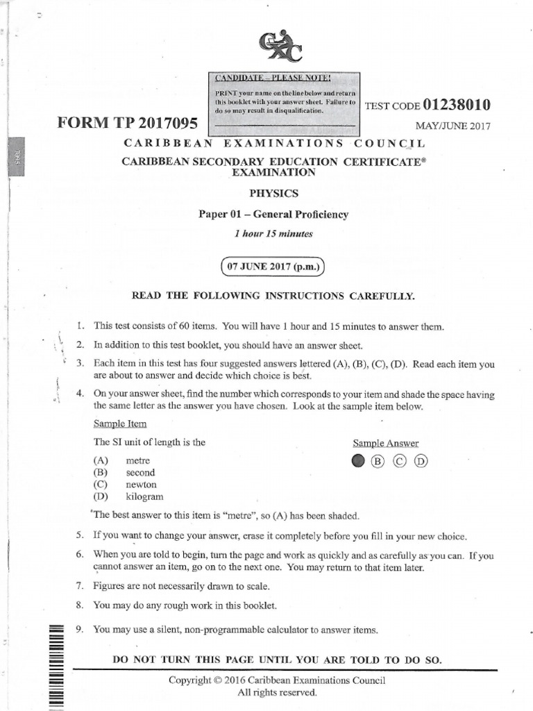 Csec Physics Pastpaper 2017 | PDF