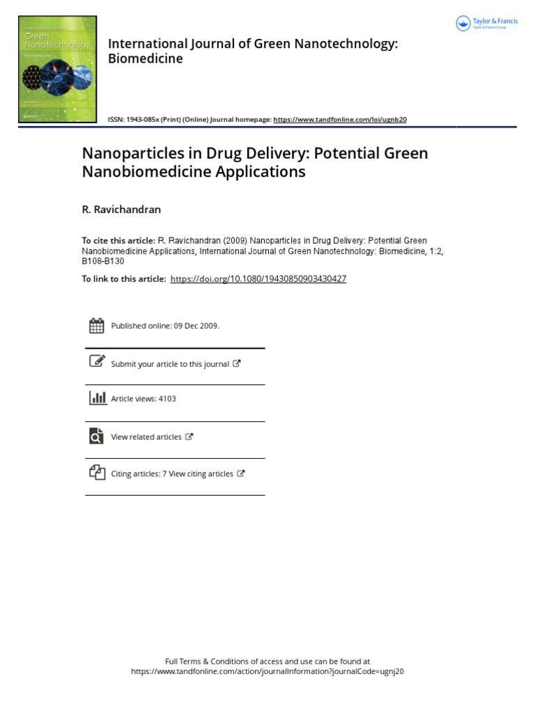 Nanoparticles in Drug Delivery Potential Green Nanobiomedicine ...