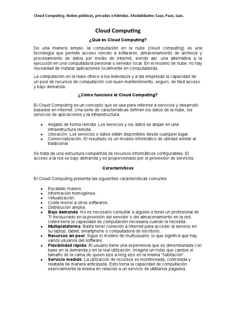 Cloud Computing. Nubes Públicas, Privadas e Híbridas. Modalidades Saas, Paas, Iaas. | PDF ...