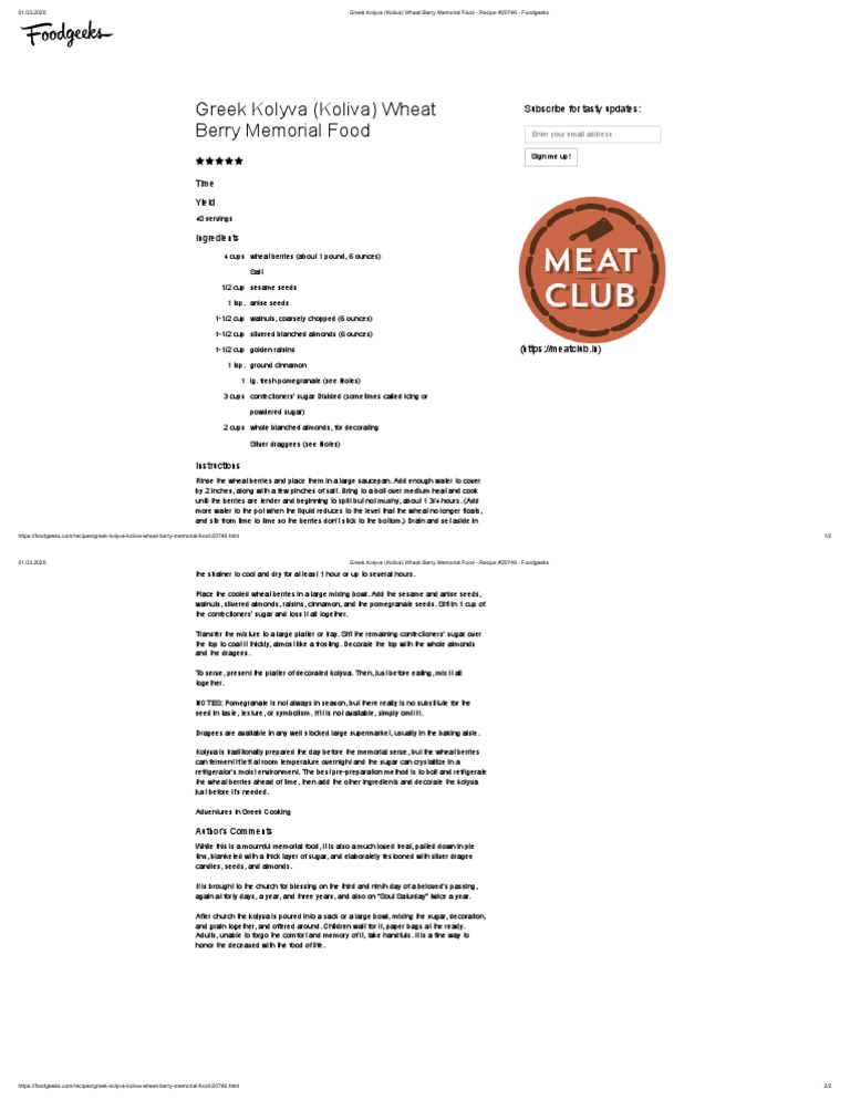 Greek Kolyva (Koliva) Wheat Berry Memorial Food - Recipe #20746 ...