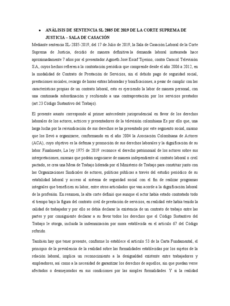 Análisis de Sentencia SL 2885 de 2019 de La Corte Suprema de Justicia ...