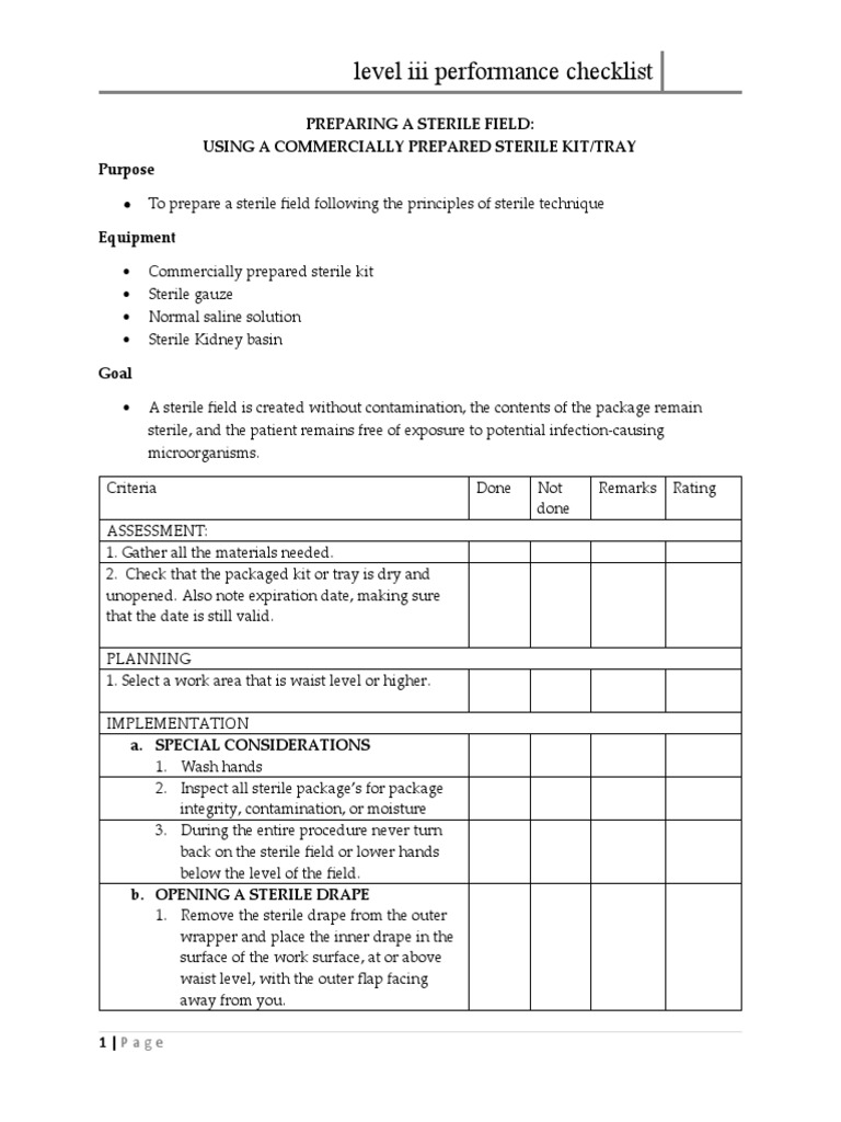 Level III Performance Checklist: Preparing A Sterile Field: Using A ...