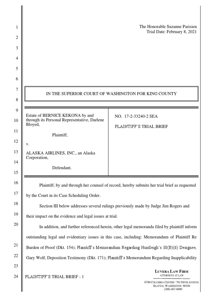 Plaintiff's Trial Brief: Estate of Bernice Kekona v. Alaska Airlines ...