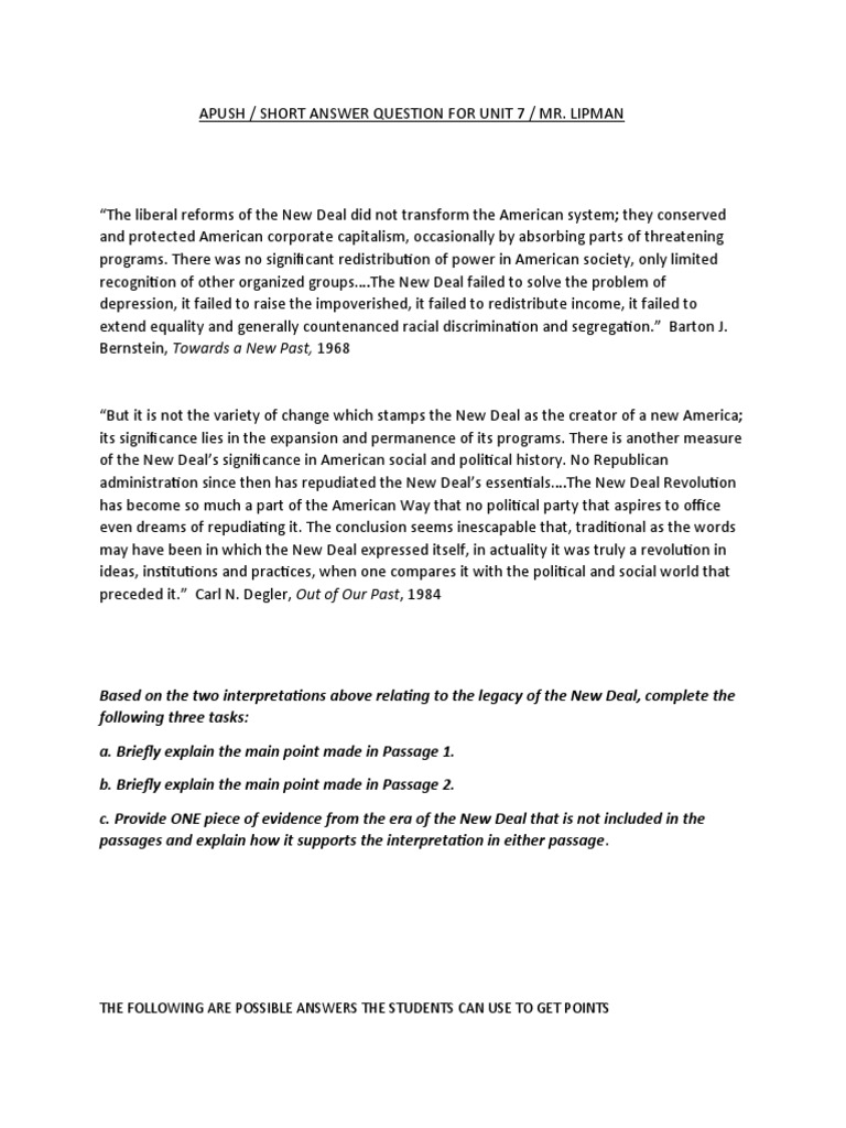 APUSH Sample Short Answer Question Unit 7 | PDF | New Deal | Social ...