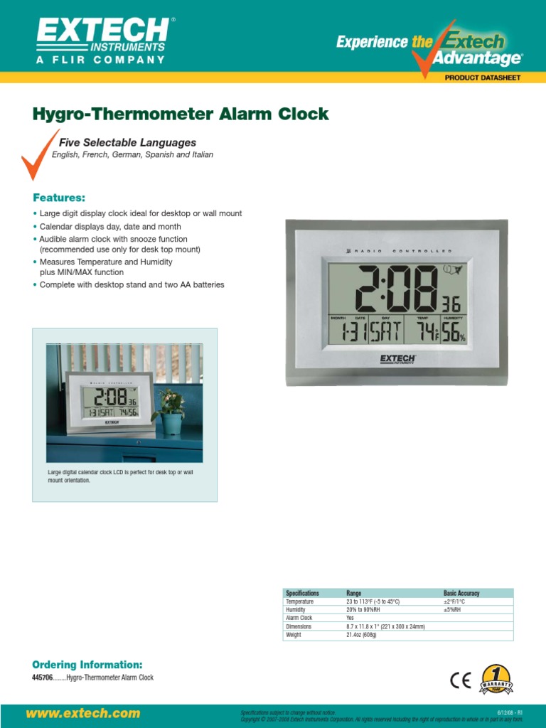 Hygro-Thermometer Alarm Clock: Five Selectable Languages | PDF