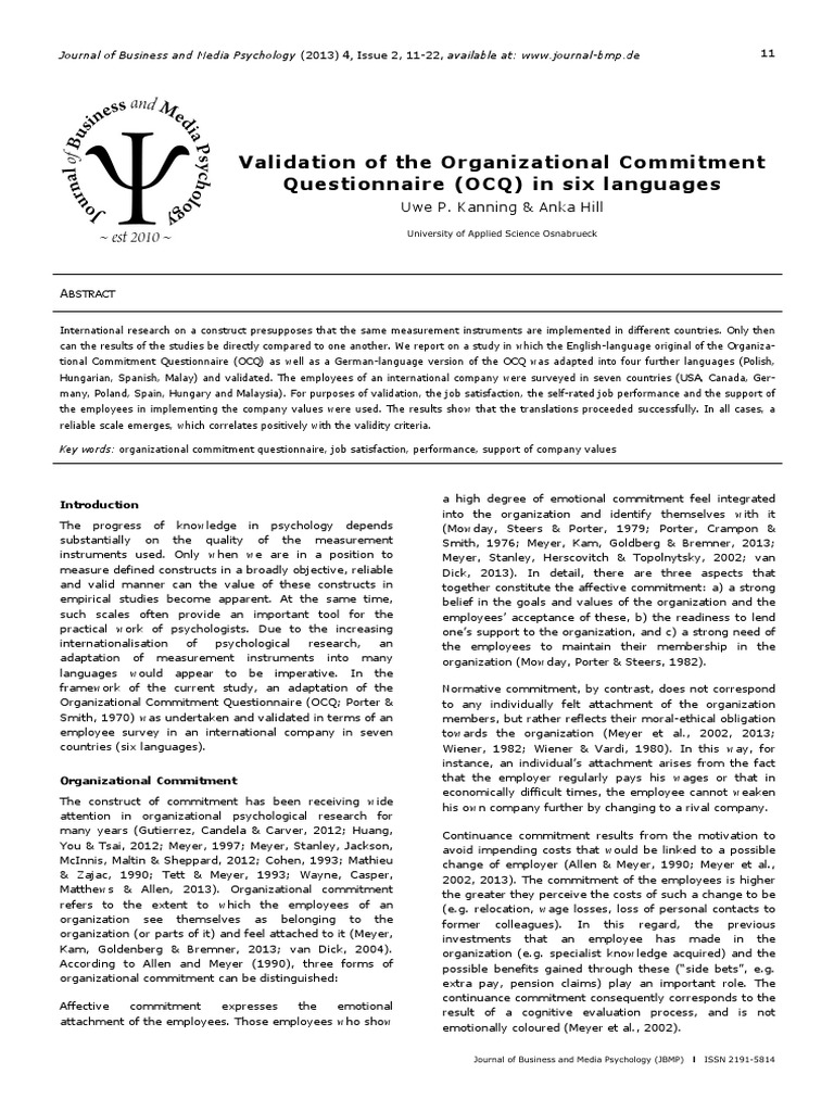 Validation of The Organizational Commitment Questionnaire (OCQ) in Six ...