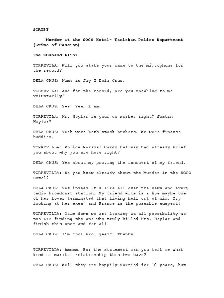 Script Murder at The SOGO Hotel-Tacloban Police Department (Crime of ...