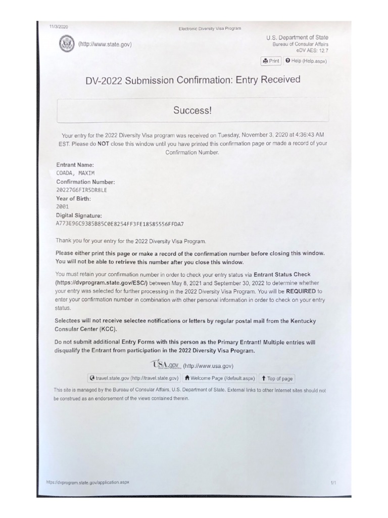 DV-2022 Submission Confirmation Entry Received | PDF