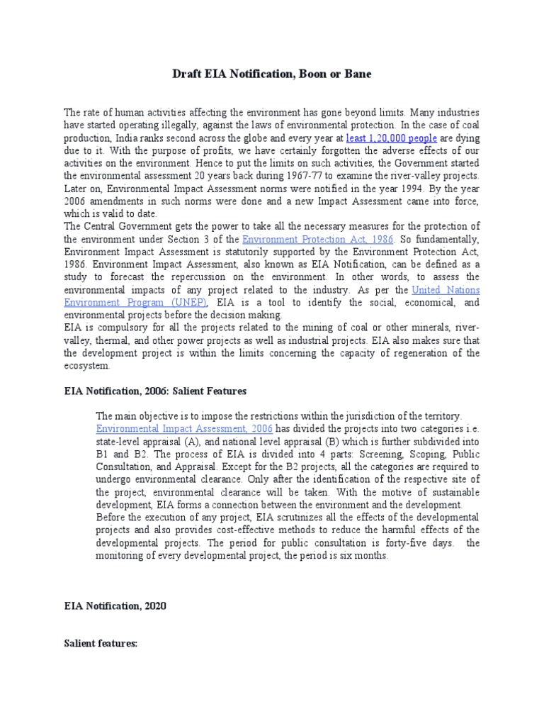 Draft EIA Notification, Boon or Bane: Environment Protection Act, 1986 ...