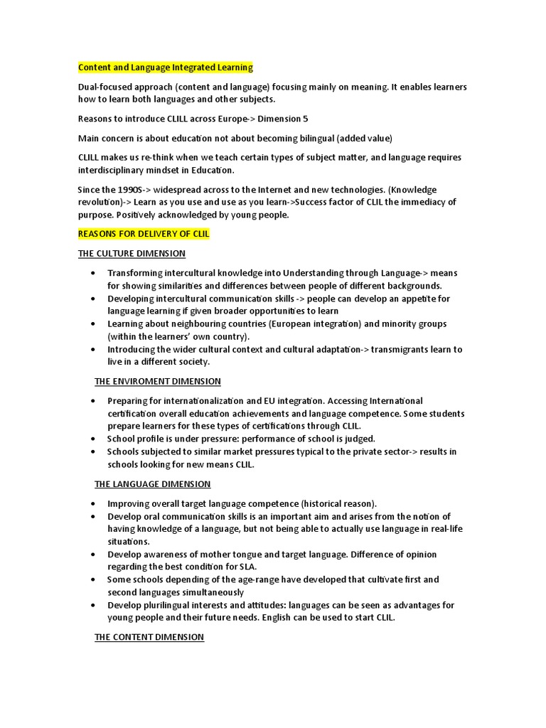Content and Language Integrated Learning: An Analysis of the Dimensions ...