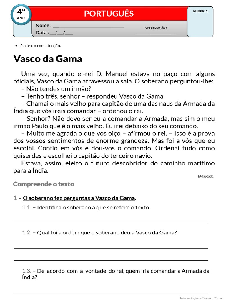 Texto Vasco Da Gama 4º Ano | PDF