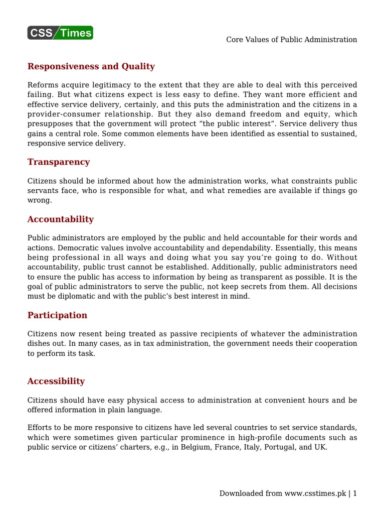 Core Values in Public Administration | PDF