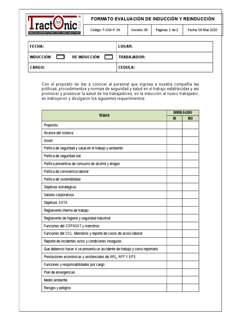 Formato Evaluacion de Induccion y Reinduccion Nuevo | PDF | Seguridad y salud ocupacional | Empresas