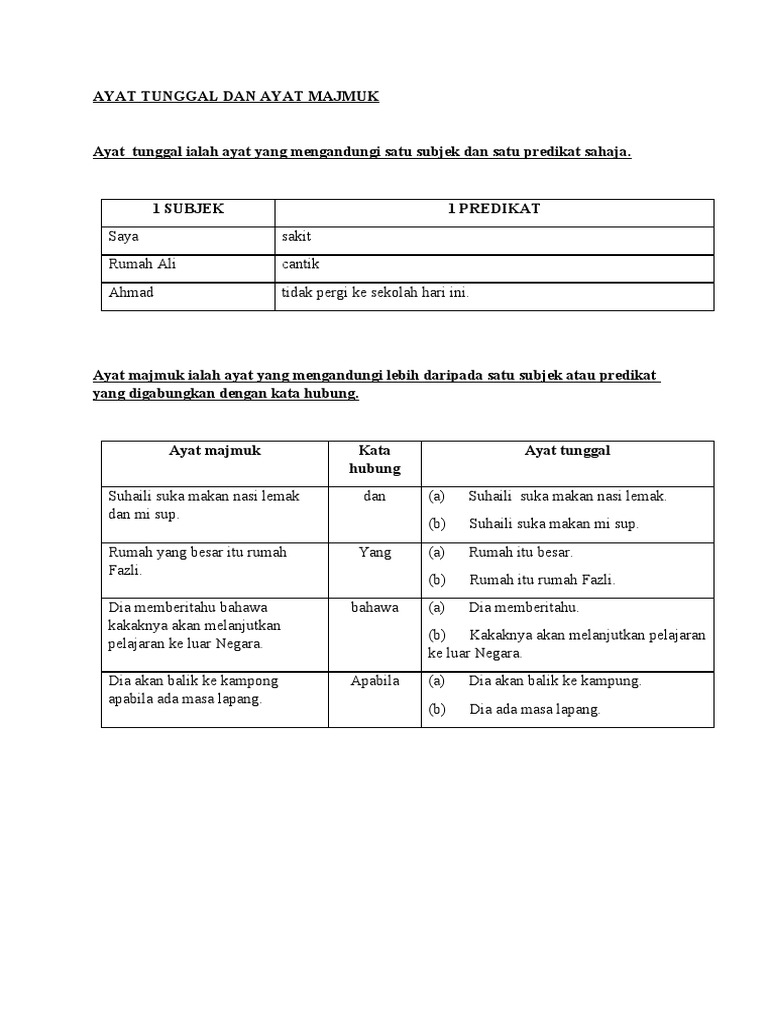Nota Ayat Tunggal Dan Ayat Majmuk | PDF
