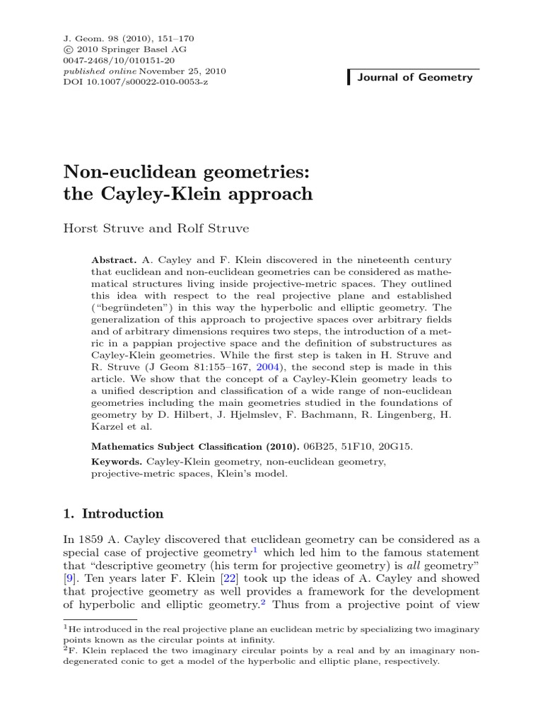 Non Euclidean Geometries The Cayley-Klein Approach | PDF | Projective ...