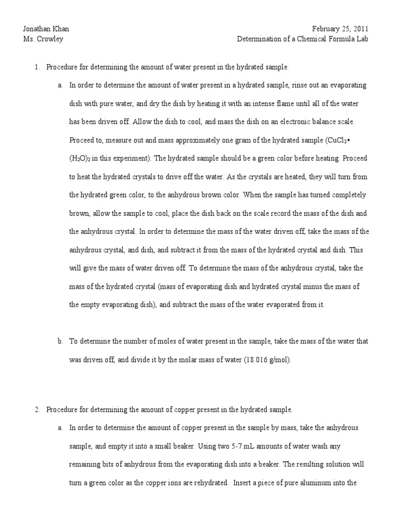 Determination of A Chemical Formula Lab | PDF | Mole (Unit) | Water